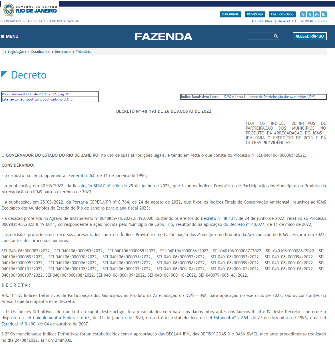 RJ | INFORME 003/2022 – PUBLICADO O ÍNDICE DEFINITIVO DO ICMS PARA 2023